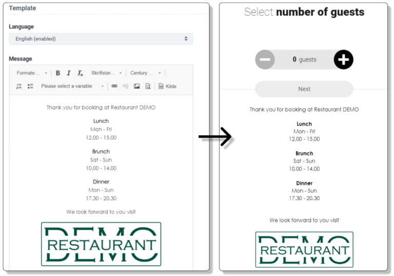 Online Booking text - DinnerBooking Support